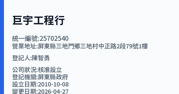 巨宇工程行的照片-統編 25702540(屏東縣) 公司登記資料與營業項目詳細圖表