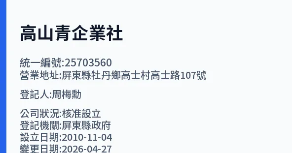 高山青企業社的照片-統編 25703560(屏東縣) 公司登記資料與營業項目詳細圖表