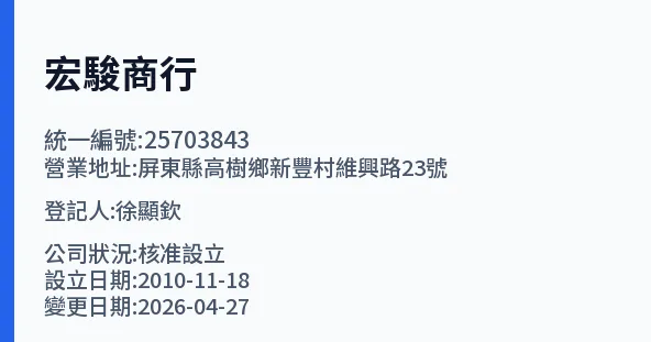 宏駿商行的照片-統編 25703843(屏東縣) 公司登記資料與營業項目詳細圖表