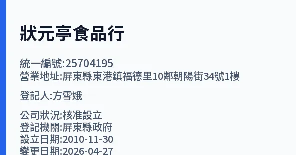 狀元亭食品行的照片-統編 25704195(屏東縣) 公司登記資料與營業項目詳細圖表