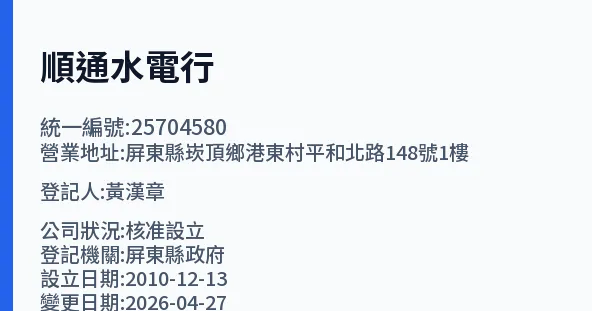 順通水電行的照片-統編 25704580(屏東縣) 公司登記資料與營業項目詳細圖表