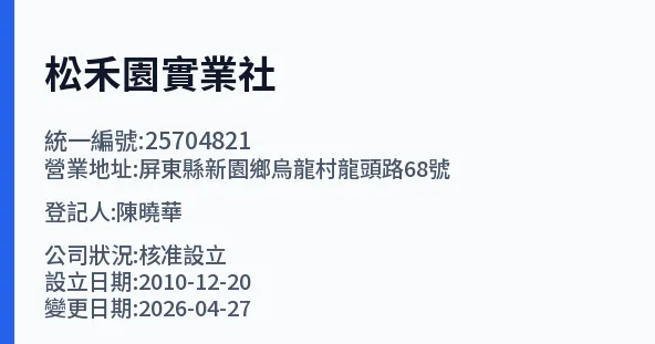 松禾園實業社的照片-統編 25704821(屏東縣) 公司登記資料與營業項目詳細圖表