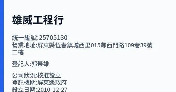 雄威工程行的照片-統編 25705130(屏東縣) 公司登記資料與營業項目詳細圖表