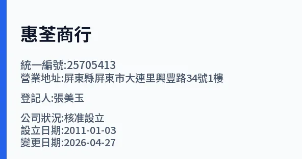 惠荃商行的照片-統編 25705413(屏東縣) 公司登記資料與營業項目詳細圖表