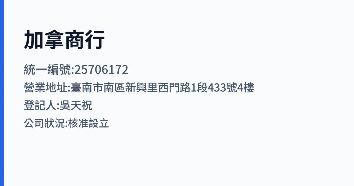 加拿商行 - 統編 25706172(臺南市) 公司登記資料與營業項目詳細圖表