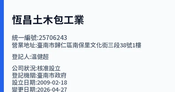 恆昌土木包工業的照片-統編 25706243(臺南市) 公司登記資料與營業項目詳細圖表