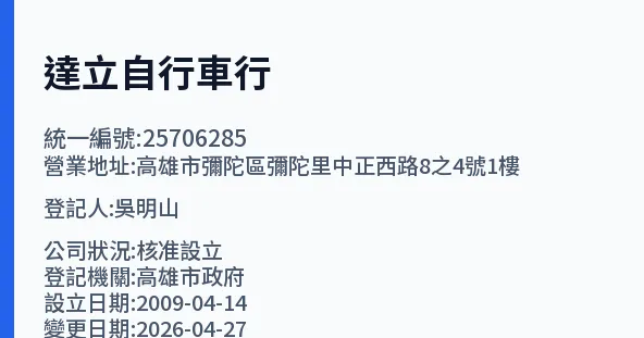達立自行車行的照片-統編 25706285(高雄市) 公司登記資料與營業項目詳細圖表