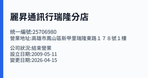 麗昇通訊行瑞隆分店的照片-統編 25706980(高雄市) 公司登記資料與營業項目詳細圖表