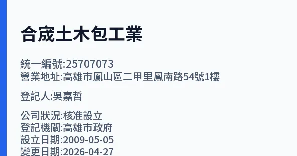 合宬土木包工業的照片-統編 25707073(高雄市) 公司登記資料與營業項目詳細圖表