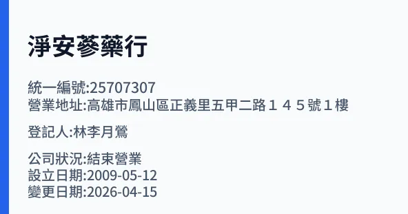 淨安蔘藥行的照片-統編 25707307(高雄市) 公司登記資料與營業項目詳細圖表