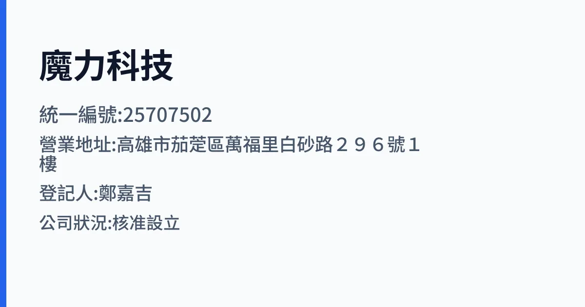 魔力科技 - 統編 25707502(高雄市) 公司登記資料與營業項目詳細圖表