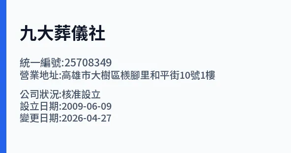 九大葬儀社的照片-統編 25708349(高雄市) 公司登記資料與營業項目詳細圖表