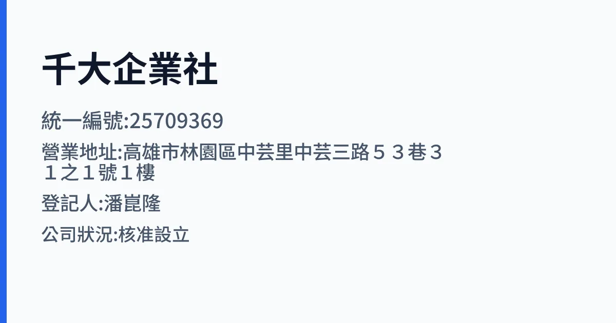千大企業社 - 統編 25709369(高雄市) 公司登記資料與營業項目詳細圖表