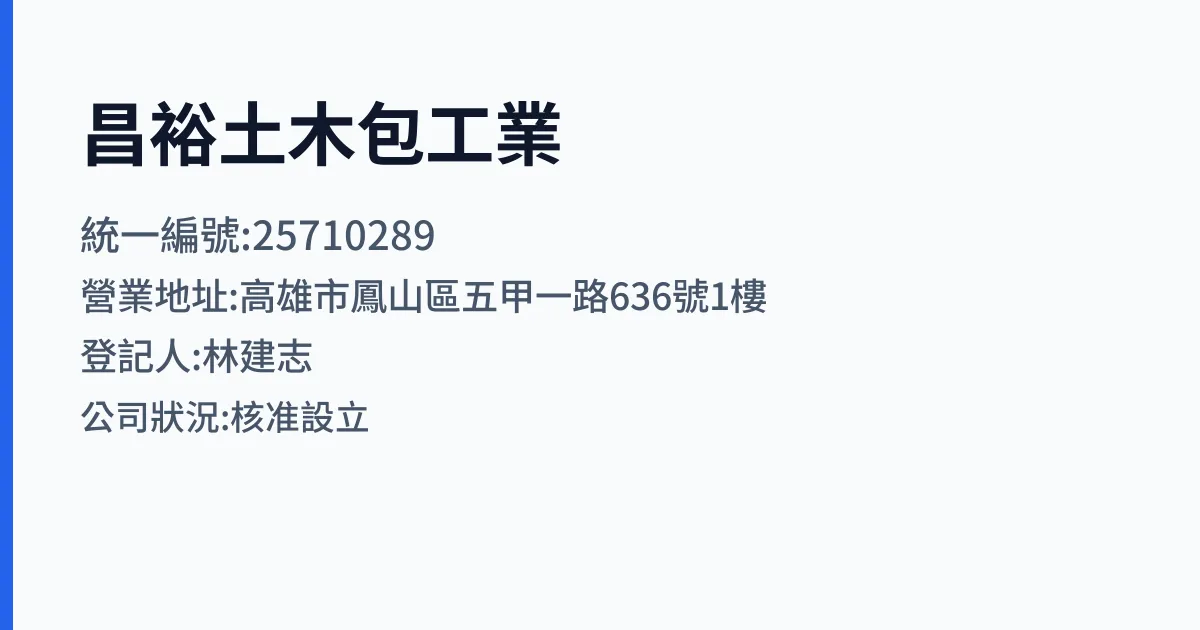 昌裕土木包工業 - 統編 25710289(高雄市) 公司登記資料與營業項目詳細圖表