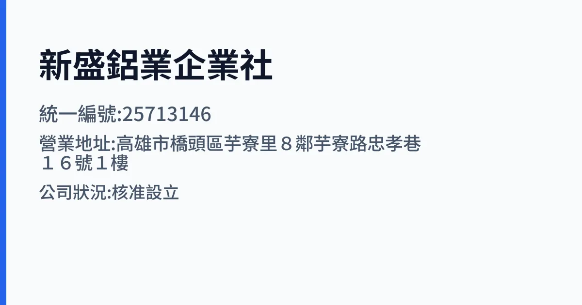 新盛鋁業企業社 - 統編 25713146(高雄市) 公司登記資料與營業項目詳細圖表