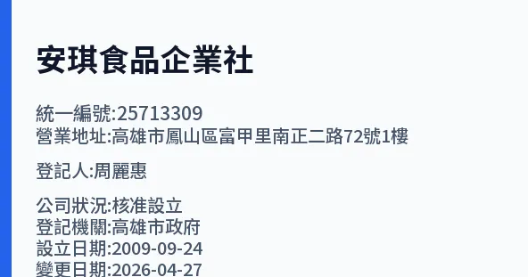安琪食品企業社的照片-統編 25713309(高雄市) 公司登記資料與營業項目詳細圖表