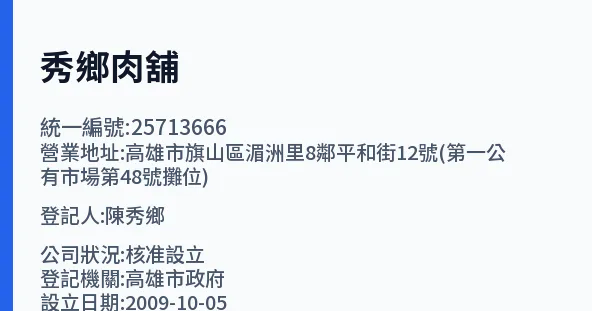 秀鄉肉舖的照片-統編 25713666(高雄市) 公司登記資料與營業項目詳細圖表