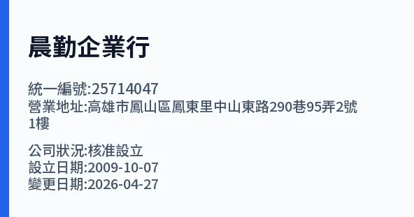 晨勤企業行的照片-統編 25714047(高雄市) 公司登記資料與營業項目詳細圖表