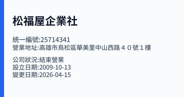 松福屋企業社的照片-統編 25714341(高雄市) 公司登記資料與營業項目詳細圖表