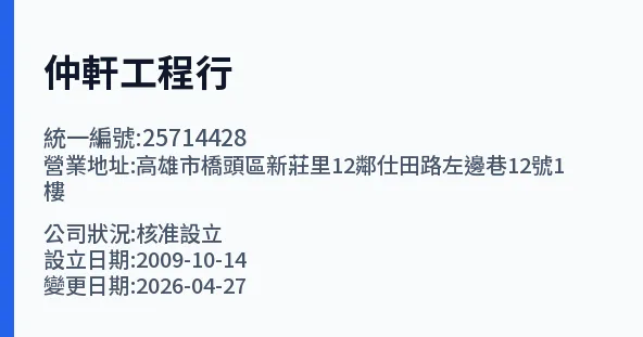 仲軒工程行的照片-統編 25714428(高雄市) 公司登記資料與營業項目詳細圖表
