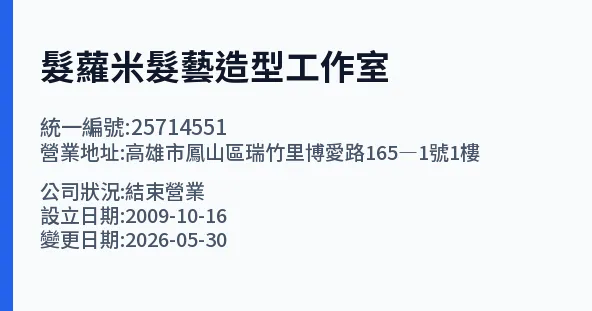 髮蘿米髮藝造型工作室的照片-統編 25714551(高雄市) 公司登記資料與營業項目詳細圖表