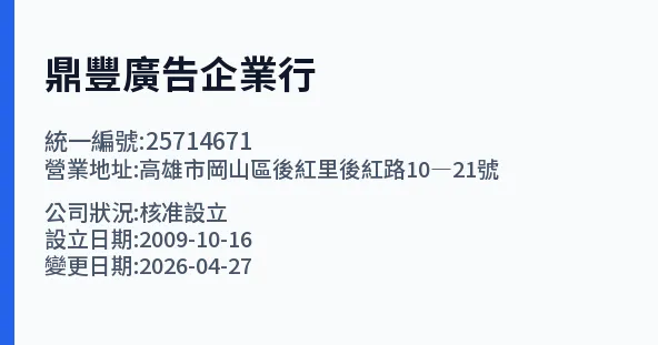 鼎豐廣告企業行的照片-統編 25714671(高雄市) 公司登記資料與營業項目詳細圖表