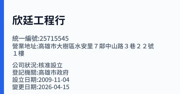 欣廷工程行的照片-統編 25715545(高雄市) 公司登記資料與營業項目詳細圖表