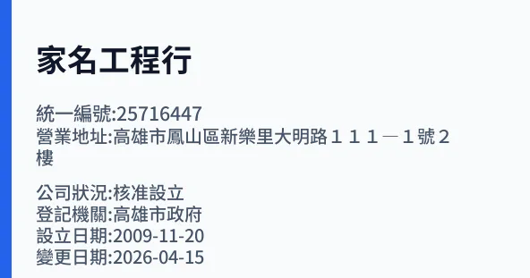 家名工程行的照片-統編 25716447(高雄市) 公司登記資料與營業項目詳細圖表