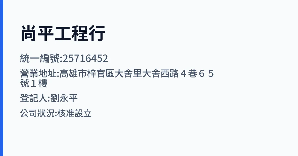 尚平工程行 - 統編 25716452(高雄市) 公司登記資料與營業項目詳細圖表