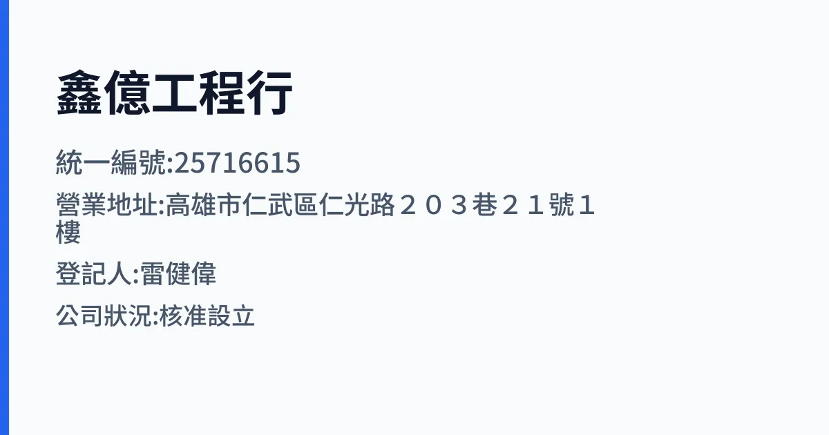 鑫億工程行 - 統編 25716615(高雄市) 公司登記資料與營業項目詳細圖表