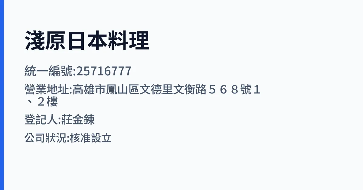 淺原日本料理 - 統編 25716777(高雄市) 公司登記資料與營業項目詳細圖表