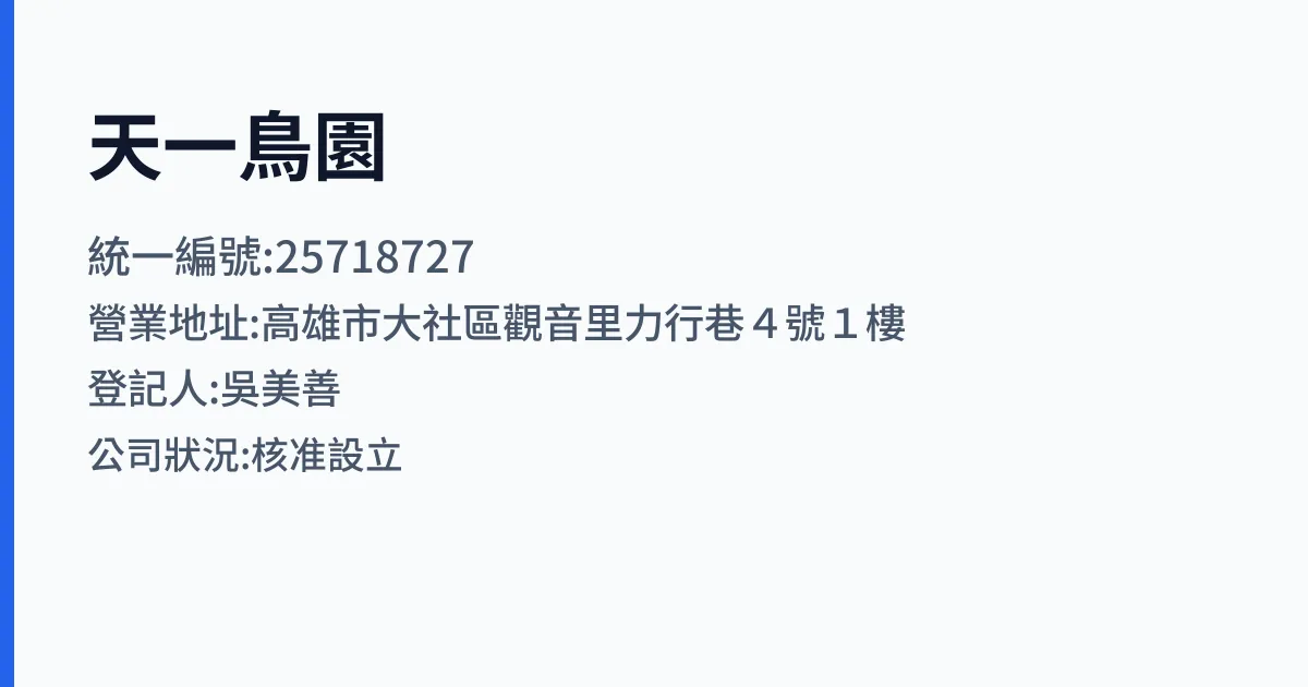 天一鳥園 - 統編 25718727(高雄市) 公司登記資料與營業項目詳細圖表