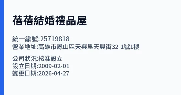 蓓蓓結婚禮品屋的照片-統編 25719818(高雄市) 公司登記資料與營業項目詳細圖表