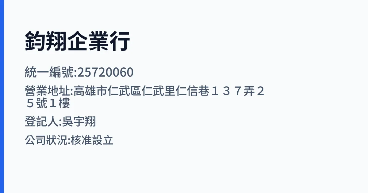 鈞翔企業行 - 統編 25720060(高雄市) 公司登記資料與營業項目詳細圖表