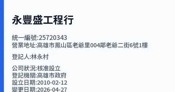 永豐盛工程行的照片-統編 25720343(高雄市) 公司登記資料與營業項目詳細圖表
