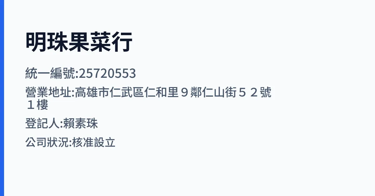 明珠果菜行 - 統編 25720553(高雄市) 公司登記資料與營業項目詳細圖表