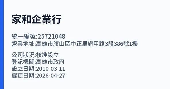 家和企業行的照片-統編 25721048(高雄市) 公司登記資料與營業項目詳細圖表
