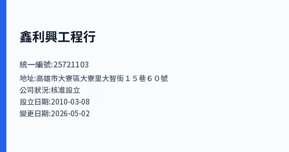 鑫利興工程行的照片-統編 25721103(高雄市) 公司登記資料與營業項目詳細圖表