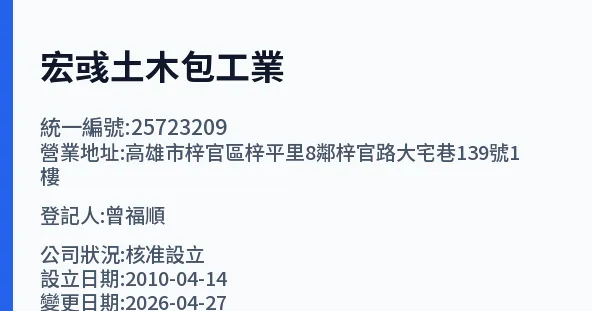 宏彧土木包工業的照片-統編 25723209(高雄市) 公司登記資料與營業項目詳細圖表