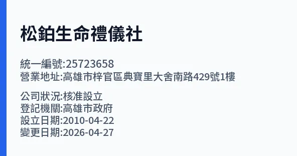 松鉑生命禮儀社的照片-統編 25723658(高雄市) 公司登記資料與營業項目詳細圖表