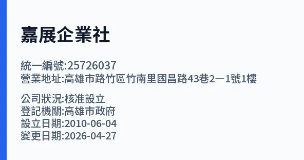 嘉展企業社的照片-統編 25726037(高雄市) 公司登記資料與營業項目詳細圖表