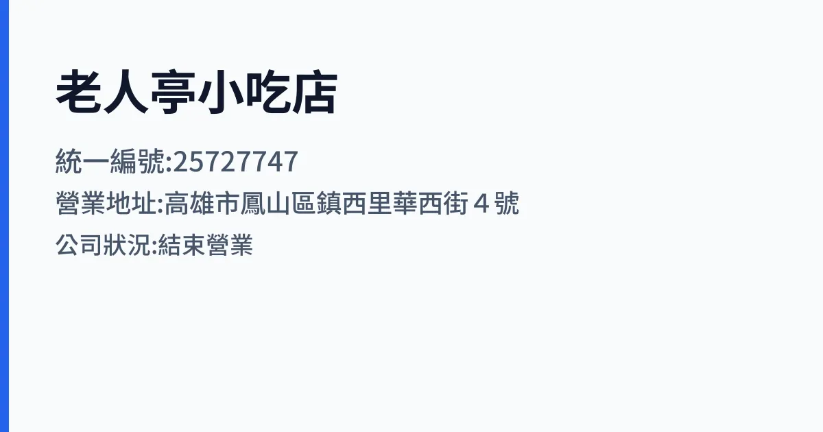 老人亭小吃店 - 統編 25727747(高雄市) 公司登記資料與營業項目詳細圖表