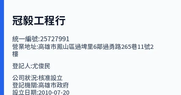 冠毅工程行的照片-統編 25727991(高雄市) 公司登記資料與營業項目詳細圖表