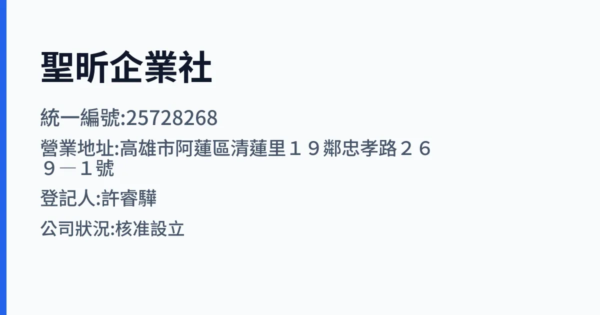 聖昕企業社 - 統編 25728268(高雄市) 公司登記資料與營業項目詳細圖表