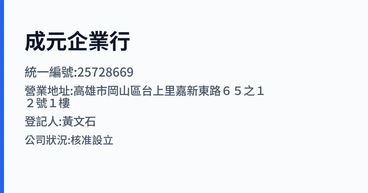 成元企業行 - 統編 25728669(高雄市) 公司登記資料與營業項目詳細圖表