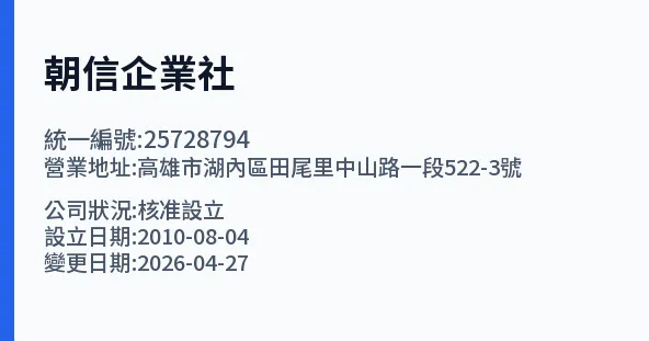 朝信企業社的照片-統編 25728794(高雄市) 公司登記資料與營業項目詳細圖表