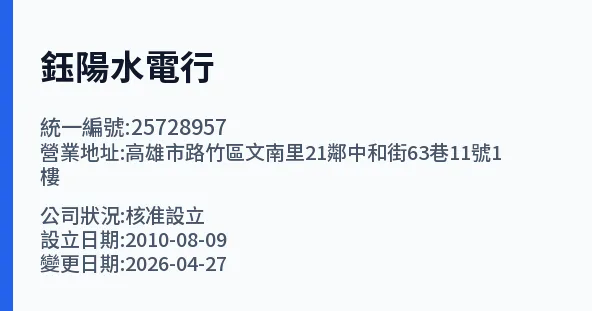 鈺陽水電行的照片-統編 25728957(高雄市) 公司登記資料與營業項目詳細圖表