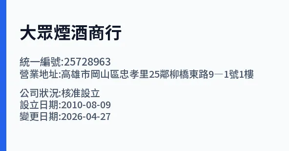大眾煙酒商行的照片-統編 25728963(高雄市) 公司登記資料與營業項目詳細圖表