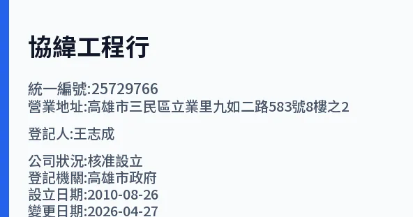 協緯工程行的照片-統編 25729766(高雄市) 公司登記資料與營業項目詳細圖表