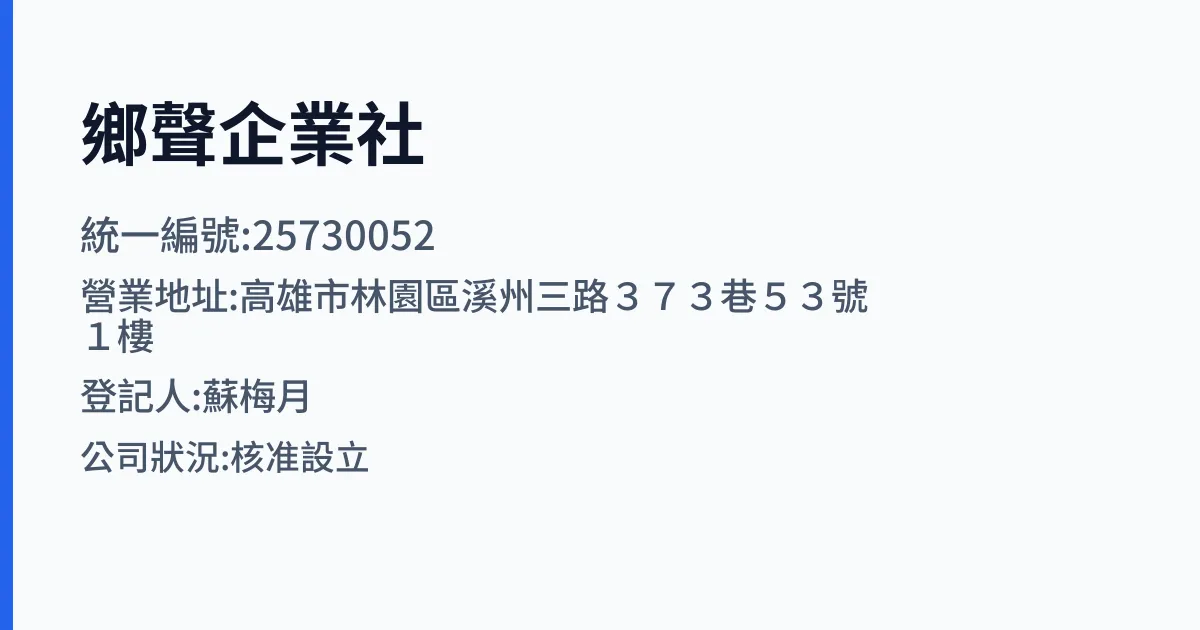 鄉聲企業社 - 統編 25730052(高雄市) 公司登記資料與營業項目詳細圖表